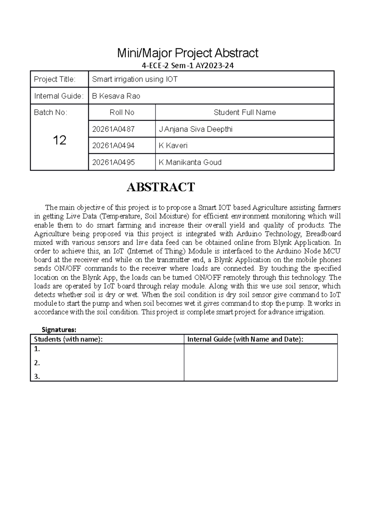 Abstract - Mini/Major Project Abstract 4-ECE-2 Sem-1 AY2023- Project ...