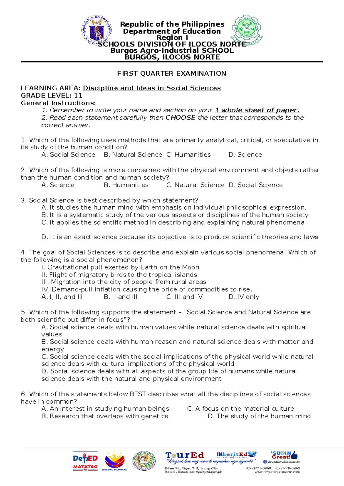 1st quarter-DISS - exam - Republic of the Philippines Department of ...