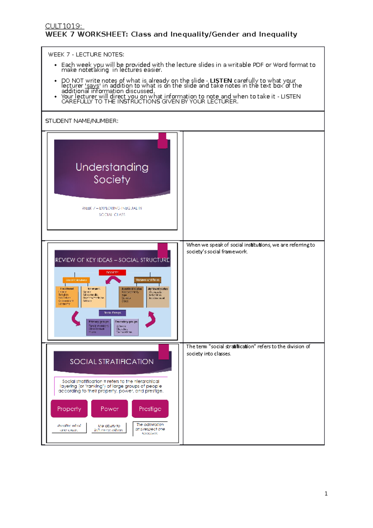 CULT1019 Week 7 Worksheet 2021 - WEEK 7 WORKSHEET: Class and Inequality ...