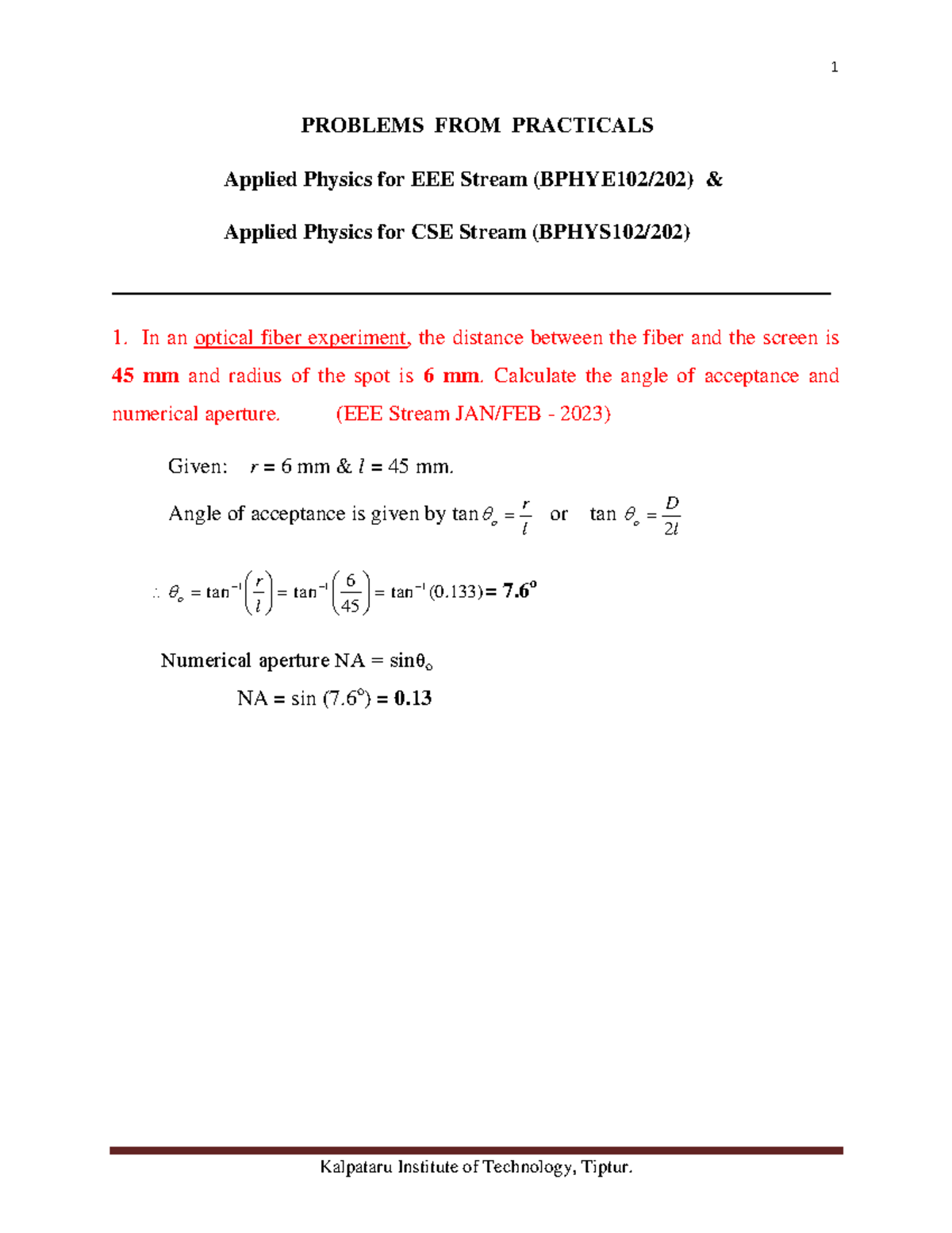 Problems from Practicals 24-25 - EC & CSE - PROBLEMS FROM PRACTICALS Applied Physics for EEE ...