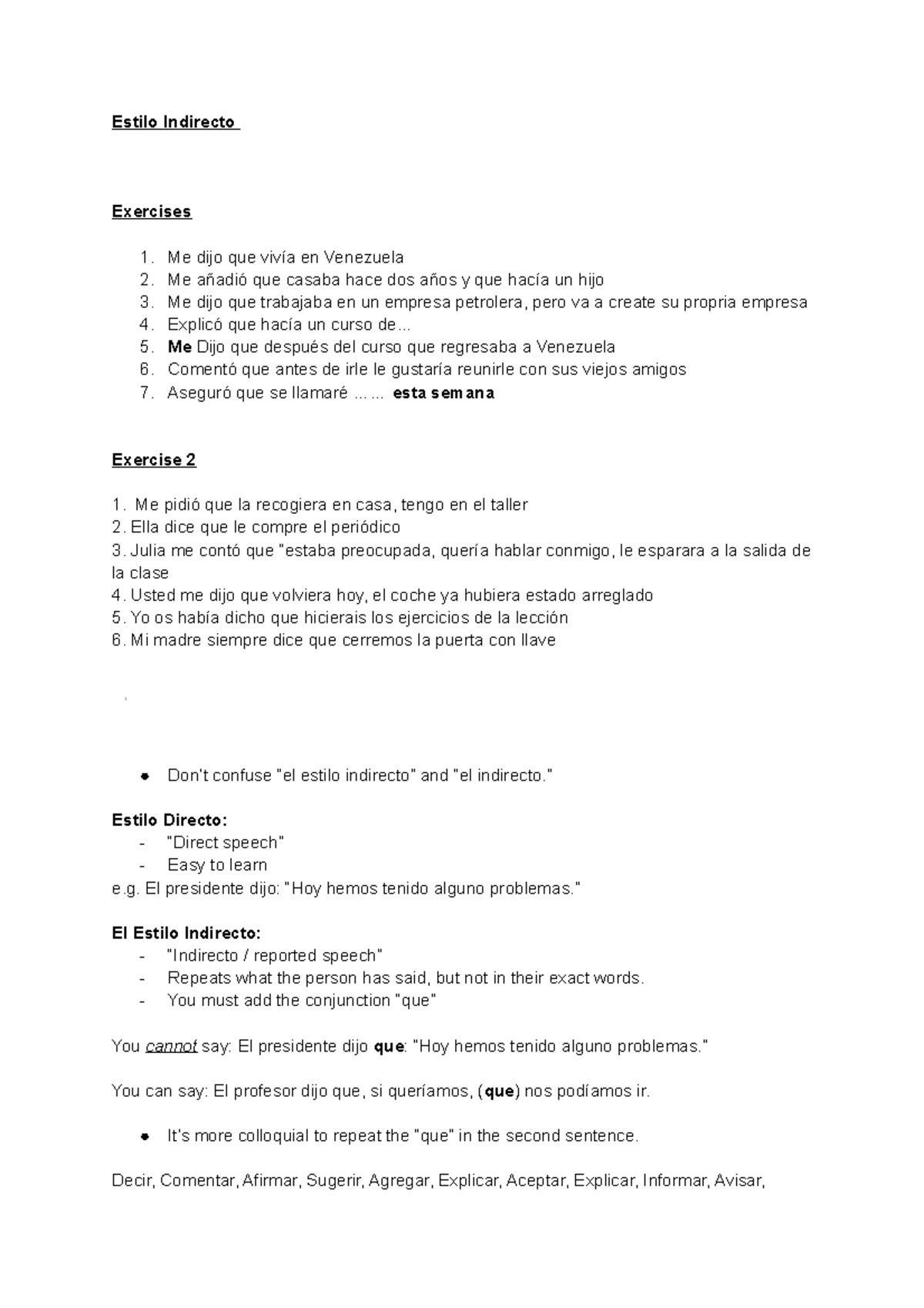 Estilo Indirecto - Spanish Grammar Point - Estilo Indirecto Exercises 1 ...