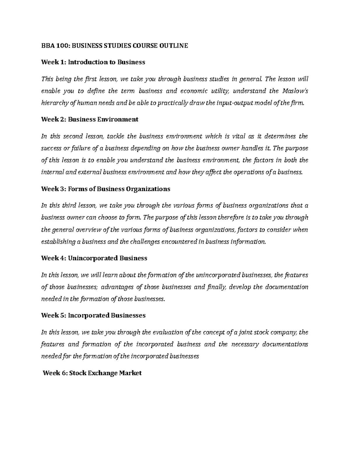 BBA 100 - lecture notes - BBA 100: BUSINESS STUDIES COURSE OUTLINE Week ...