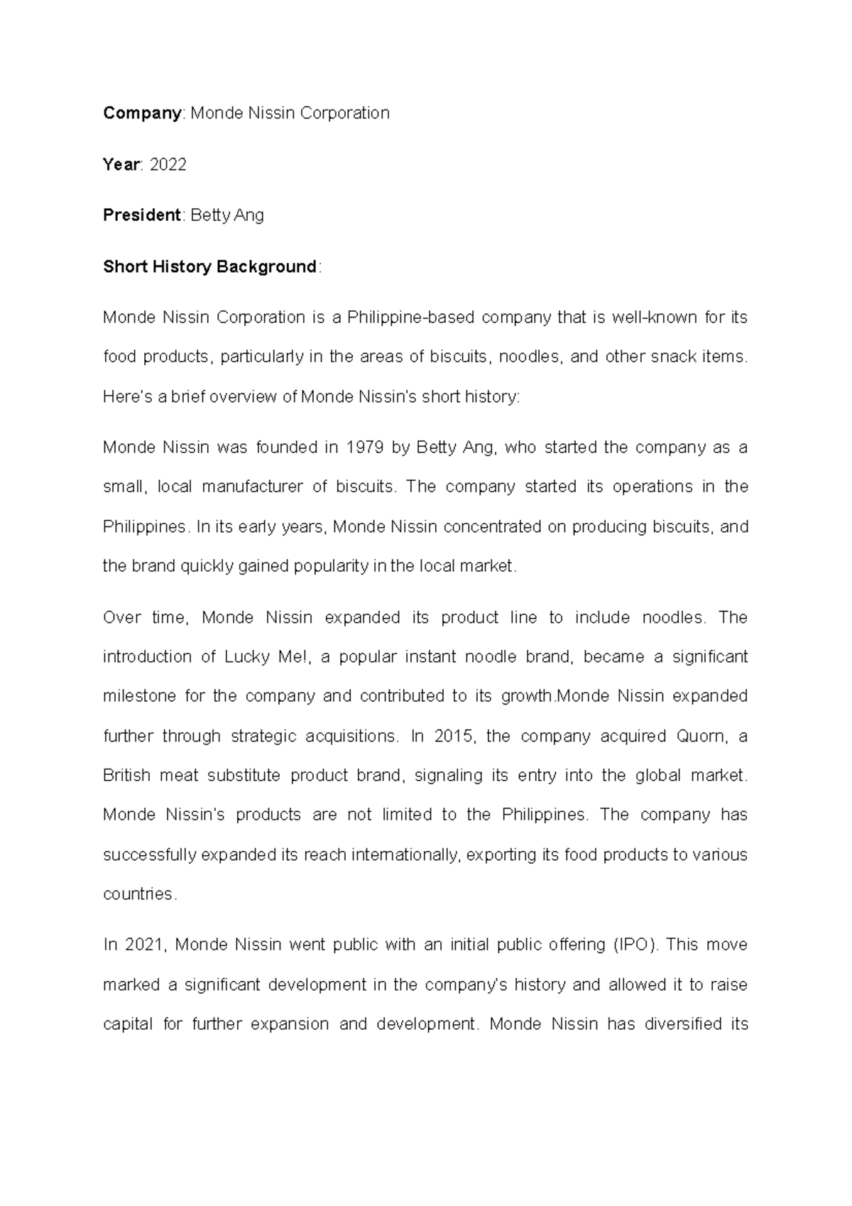 Monde Nissin Case study - Company: Monde Nissin Corporation Year: 2022 ...