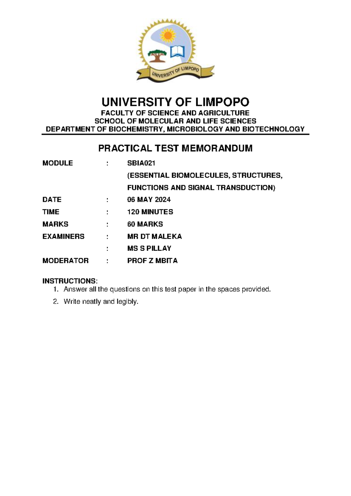 SBIA021 Practical TEST Memorandum 2024 240509 194109 - UNIVERSITY OF ...