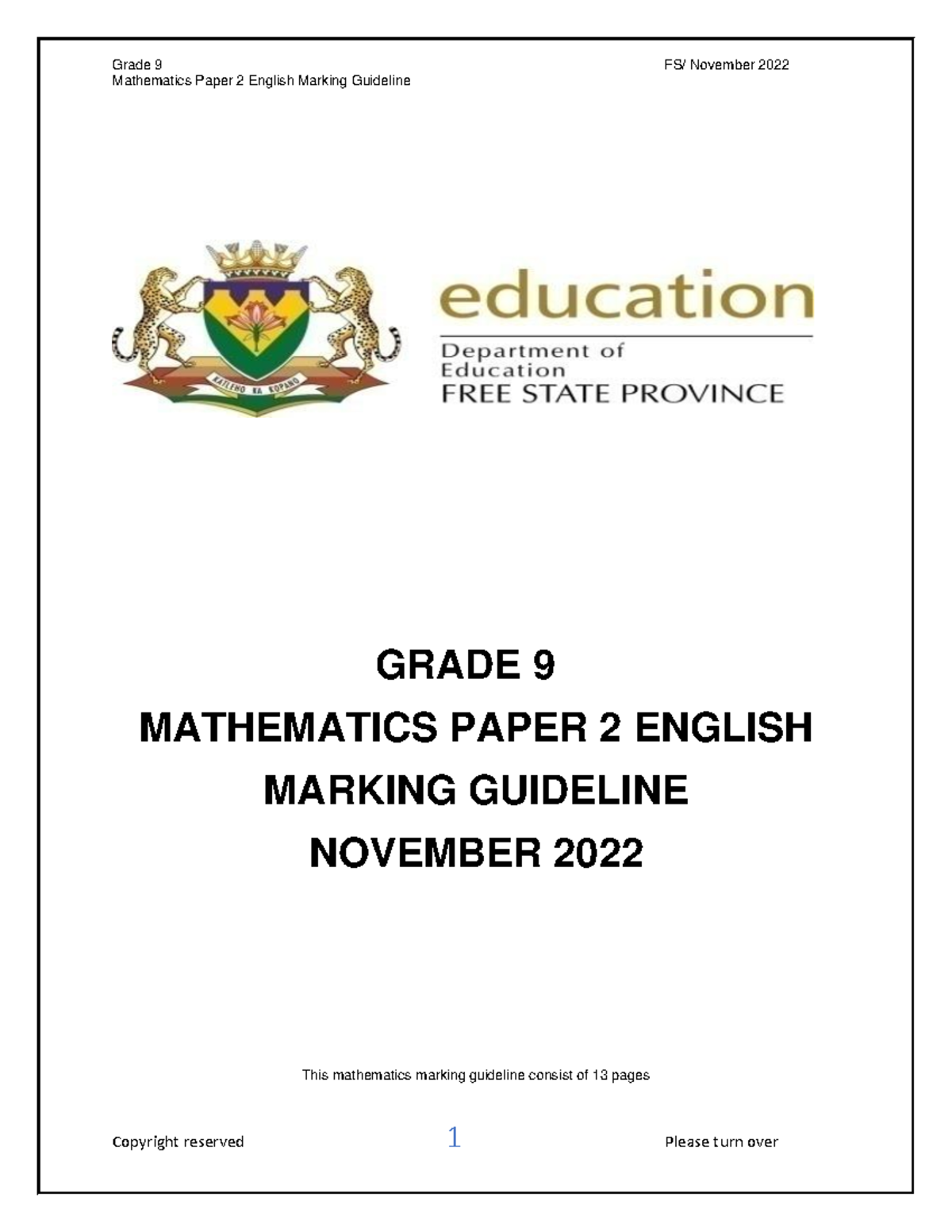Gr 9 FS Mathematics Paper 2 NOV 2022 MG - Mathematics Paper 2 English ...