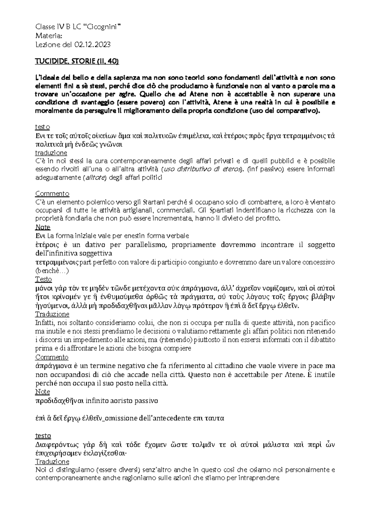GRE Tucidide, Storie (Libro II,40) - Classe IV B LC “Cicognini” Materia ...