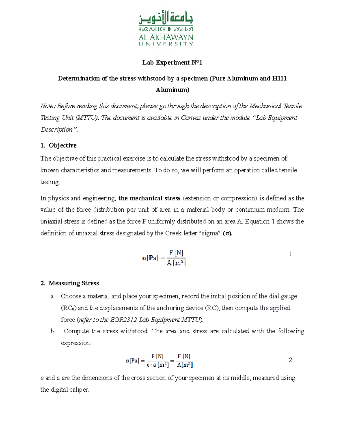 Lab Handout N°1-Determination of the stress withstood by a specimen - Lab Experiment N° - Studocu