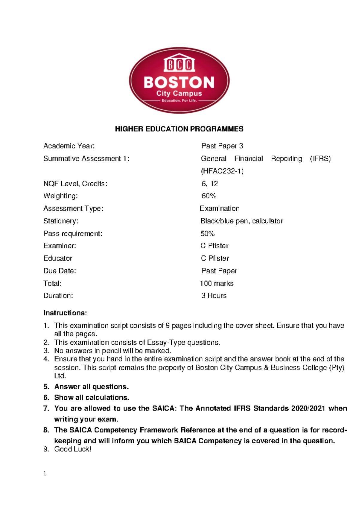 HFAC232-1-Past Paper 3 - HIGHER EDUCATION PROGRAMMES Academic Year ...