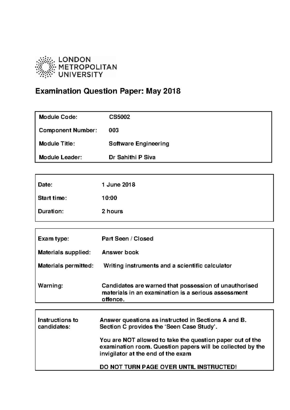 Exam May 2017, questions - Examination Question Paper: May 2018 Module ...