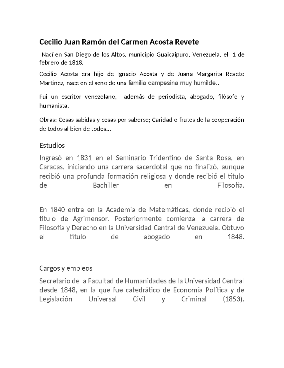 Cecilio Juan Ramón del Carmen Acosta Revete - Cecilio Acosta era hijo ...