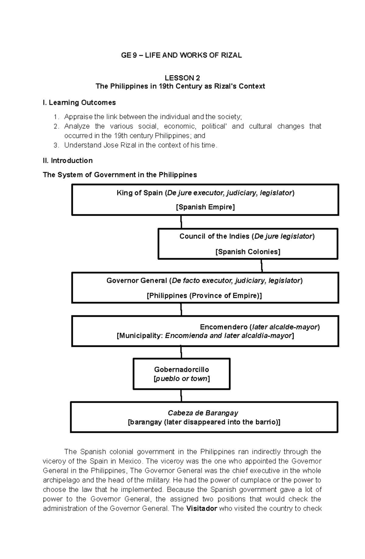 GE-9 Lesson 2 - The Spanish colonial government in the Philippines ran ...