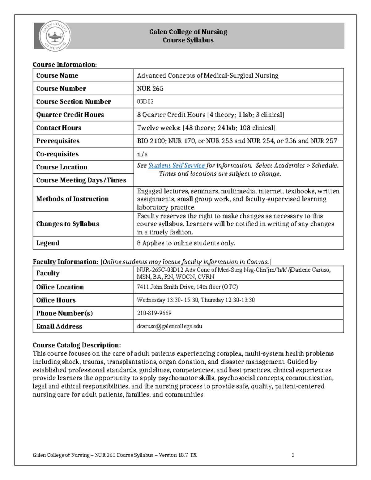 NUR 265 Syllabus - Galen College of Nursing Course Syllabus Course ...