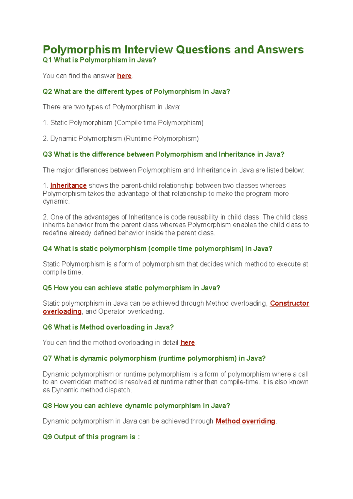 Polymorphism Interview Questions and Answers - Q2 What are the different types of Polymorphism ...
