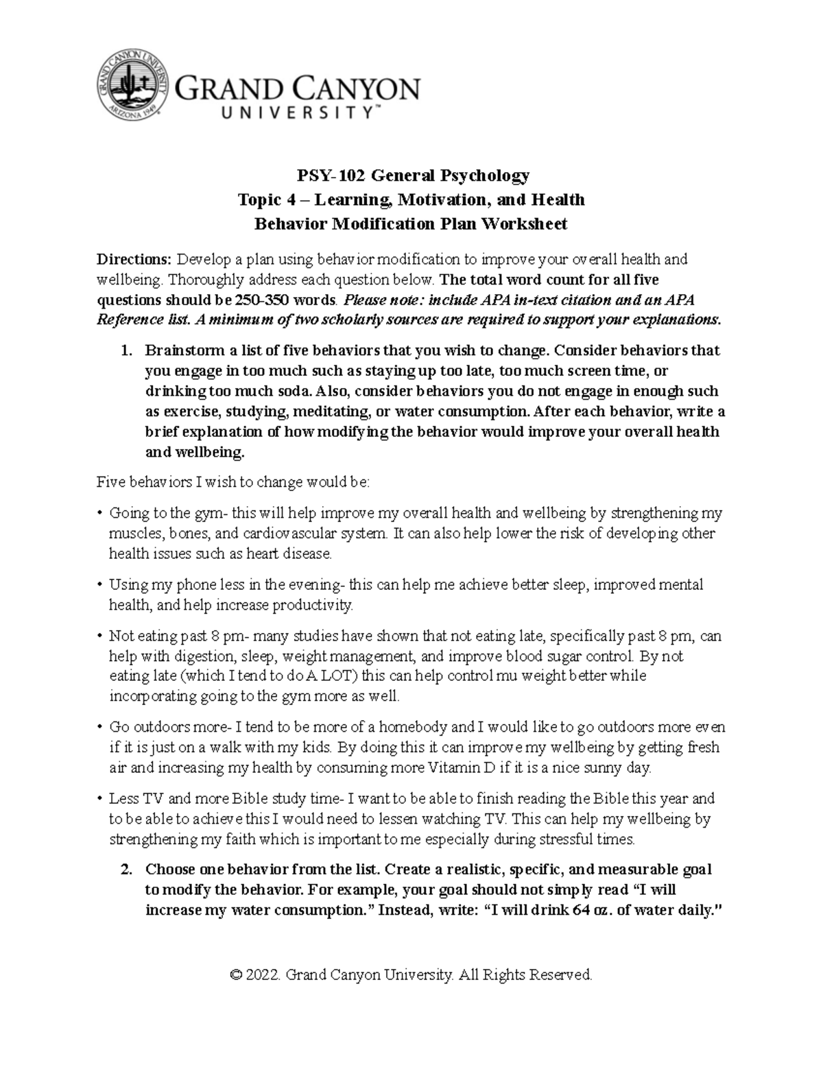 Behaviormodplan - MODIFICATION PLAN - PSY-102 General Psychology Topic ...