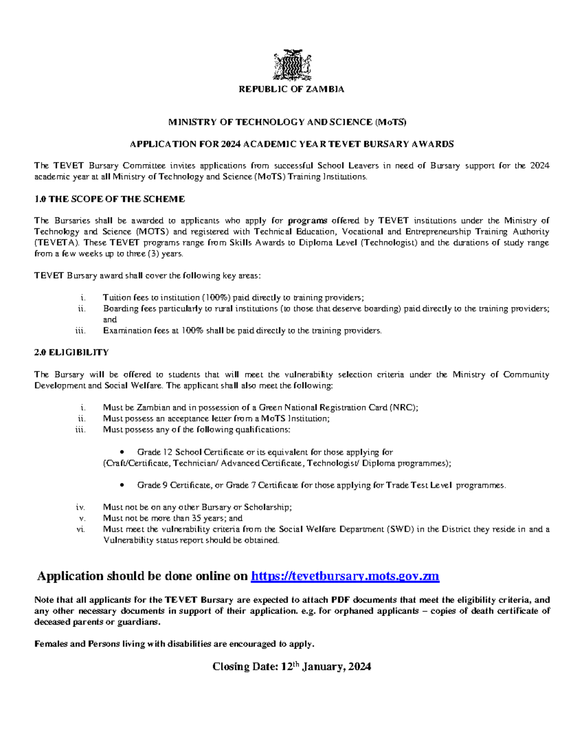 2024 Tevet Bursary Advertisement - REPUBLIC OF ZAMBIA MINISTRY OF ...