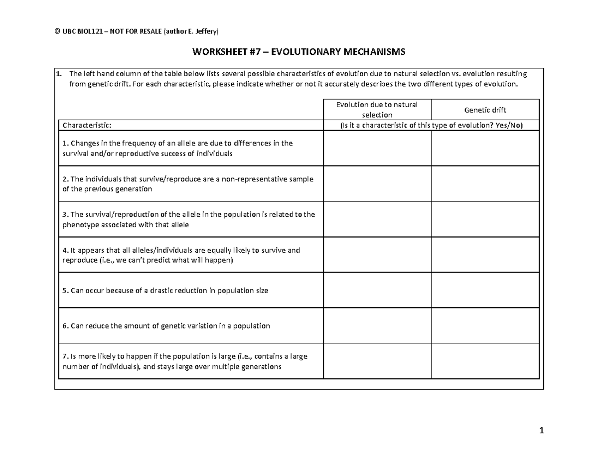Natural Selection and Genetic Drift - WORKSHEET #7 – EVOLUTIONARY ...