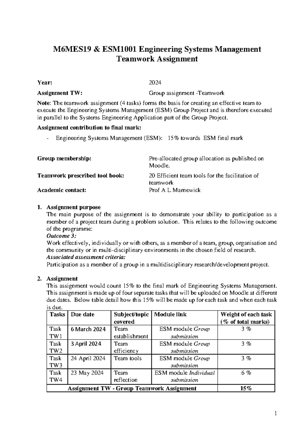 ESM group project - teamwork task 3 (TW3) - 1 M6MES19 & ESM1001 ...
