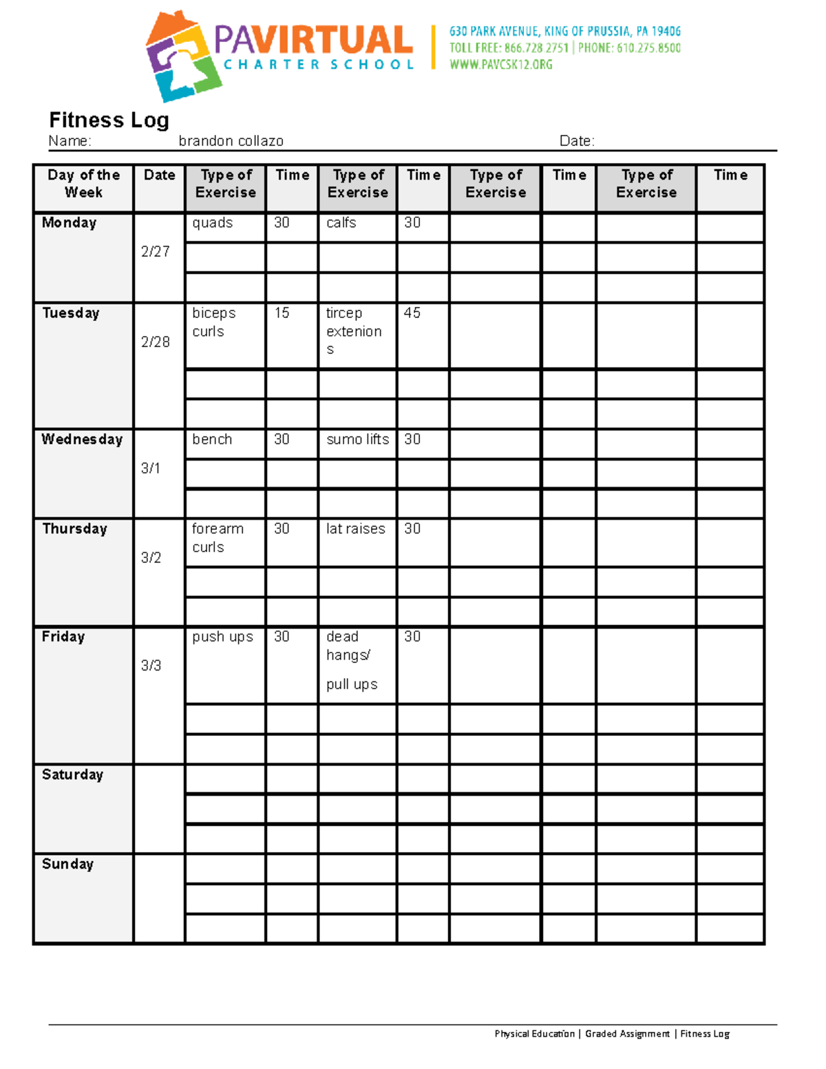 Copy of Fitness Log Document 2022-2023 - Fitness Log Name: brandon ...