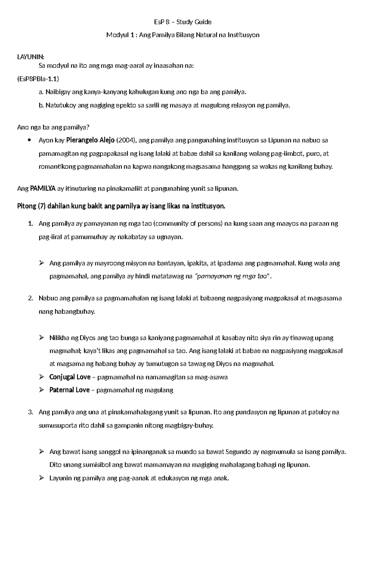 Study Guide sa Modyul 1 - EsP 8 – Study Guide Modyul 1 : Ang Pamilya ...