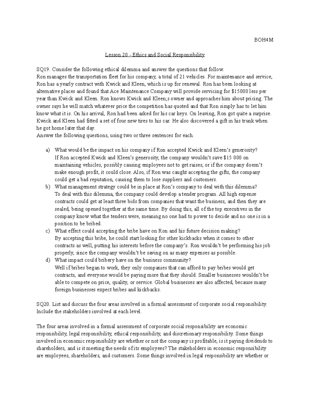 Lesson 20 - Ethics and Social Responsibility - BOH4M Lesson 20 - Ethics ...