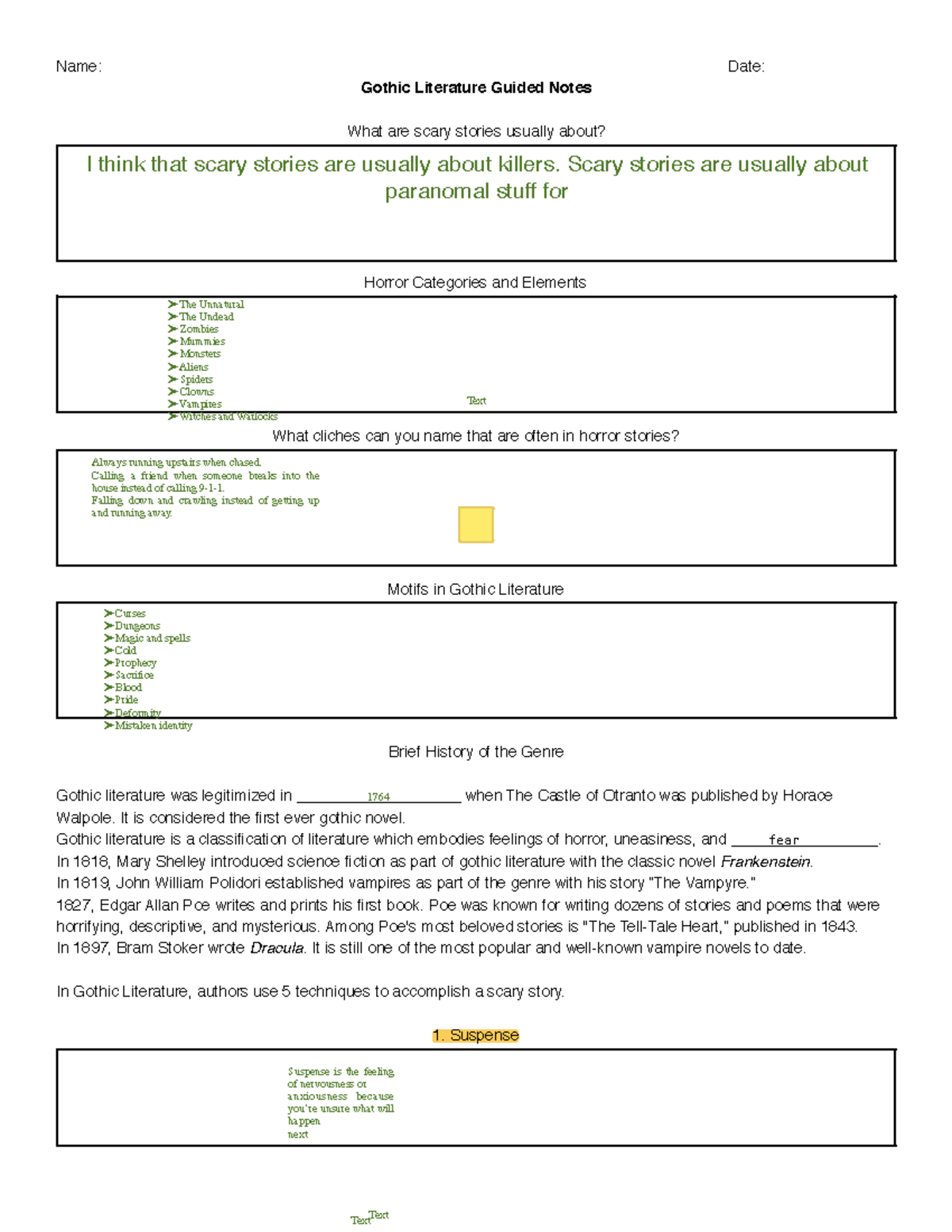 Intro to Gothic Graphic Org - Name: Date: Gothic Literature Guided ...