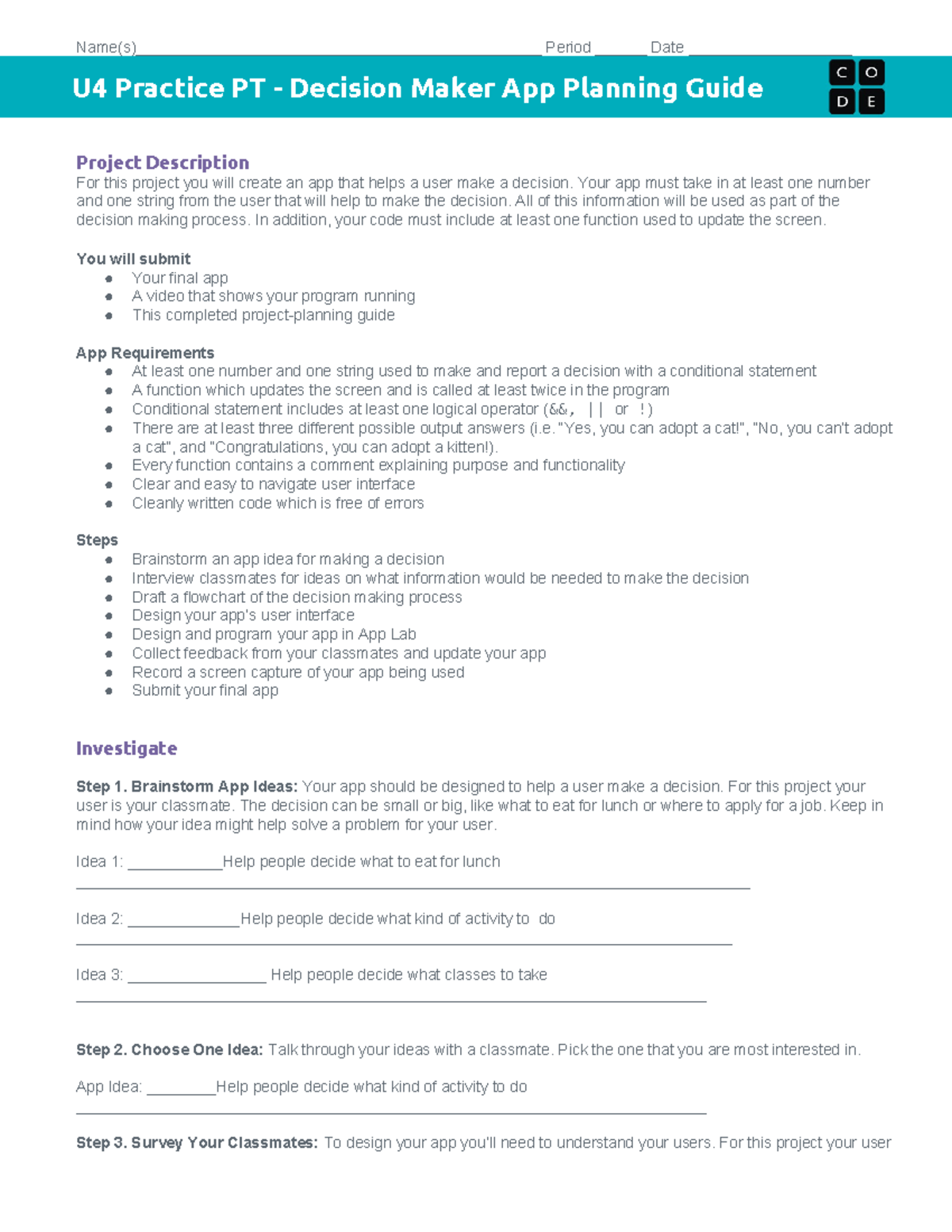 Copy of CSP U4 Practice PT Planning Guide - Name(s