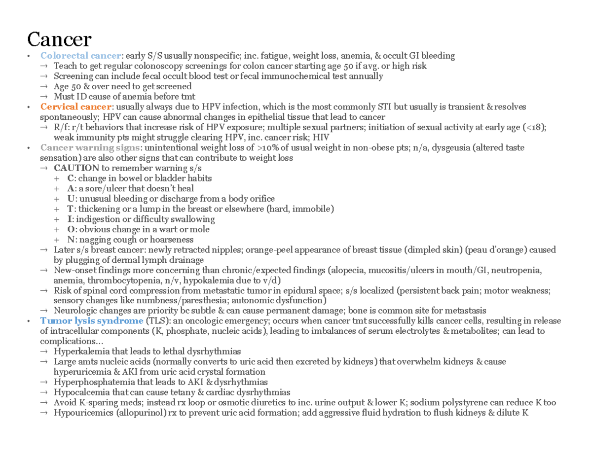 Cancer - notes - Cancer Colorectal cancer: early S/S usually ...