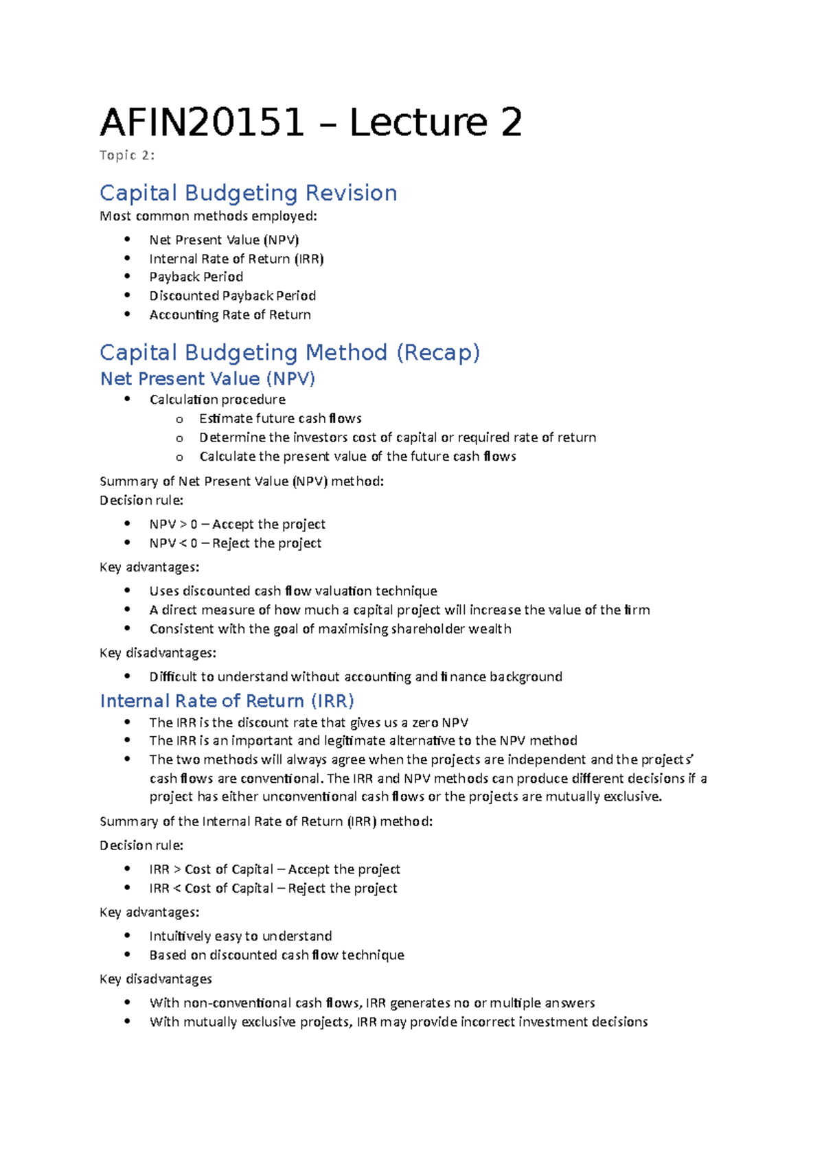AFIN2053 - Lecture 2 2021 - AFIN20151 – Lecture 2 Topic 2: Capital ...