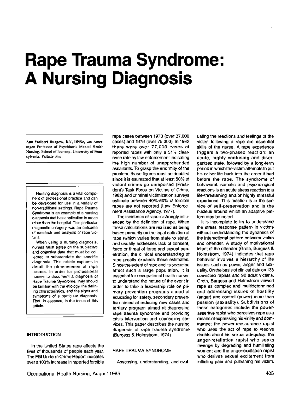 Rape Trauma syndrome nursing dianosis - Rape Trauma Syndrome: A Nursing ...