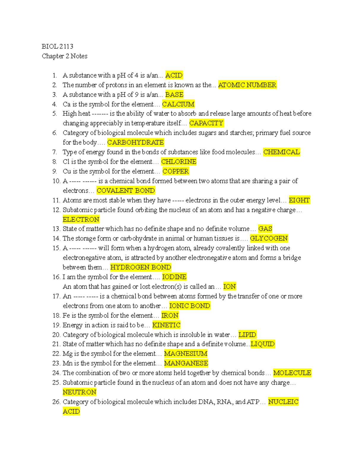 BIOL 2113 CH. 2 - BIOL 2113 Chapter 2 Notes A substance with a pH of 4 ...