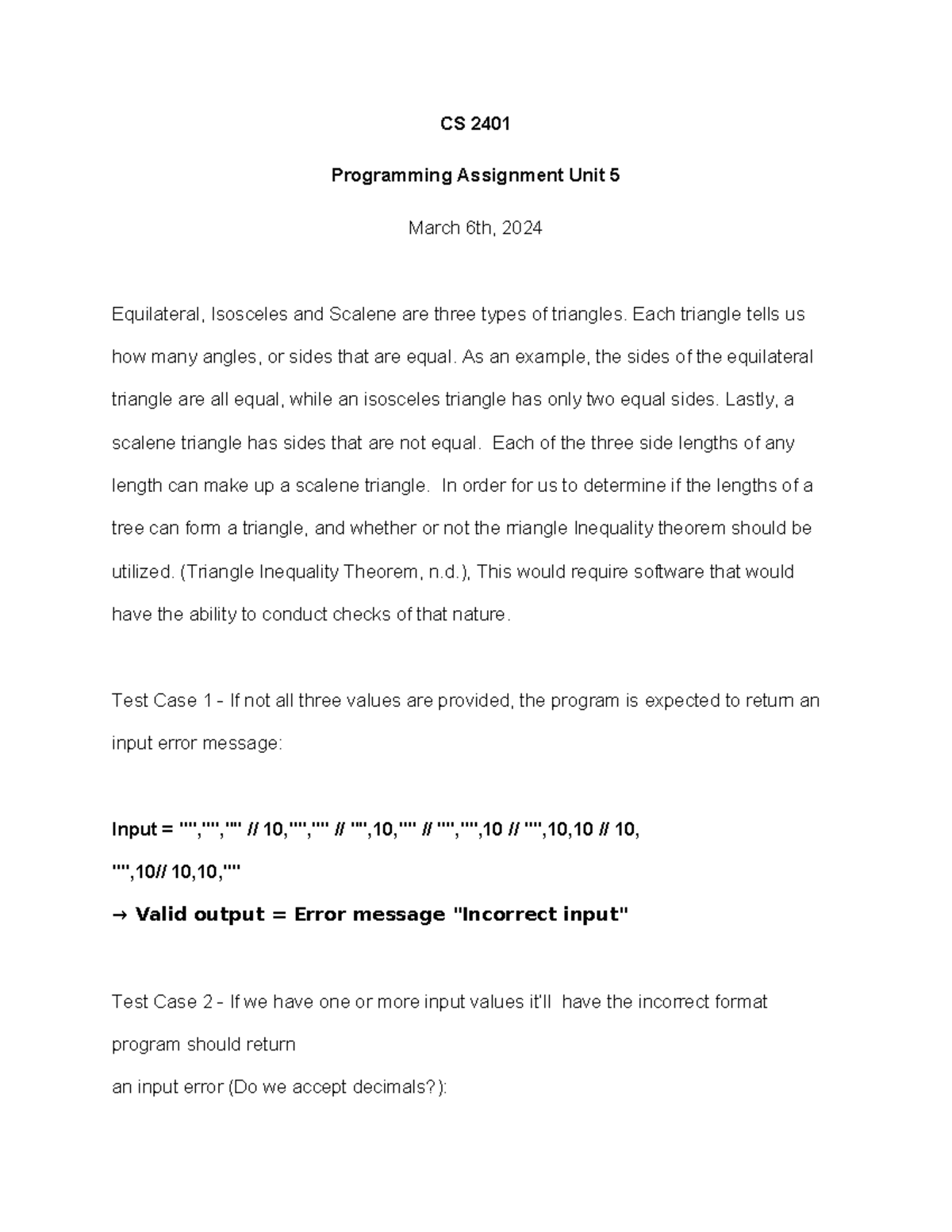 CS 2401 Assgn 5 - Work - CS 2401 Programming Assignment Unit 5 March 6th, 2024 Equilateral ...