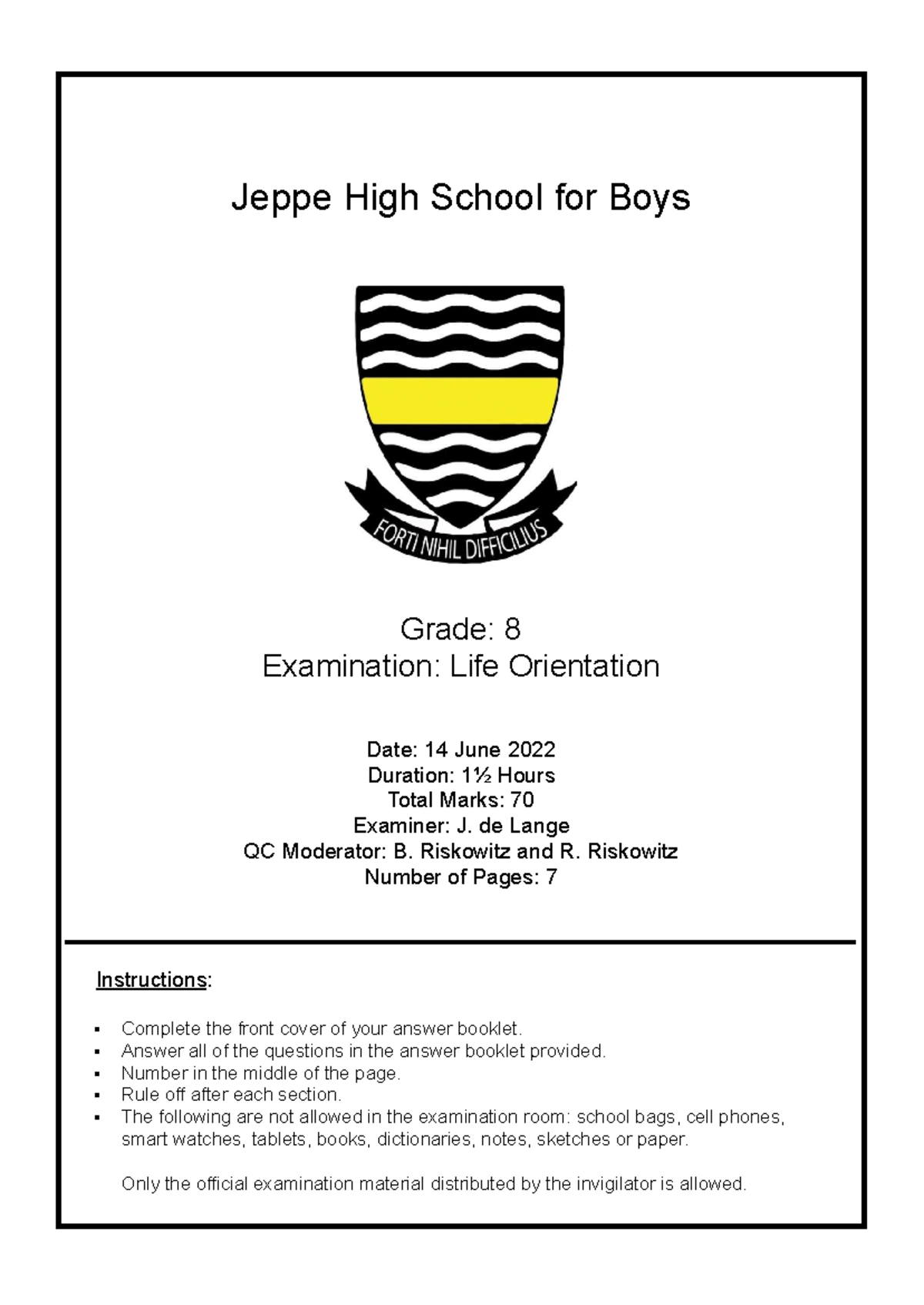 Gr 8 LO June July Exam MEMO 2022 - Jeppe High School for Boys Grade: 8 ...