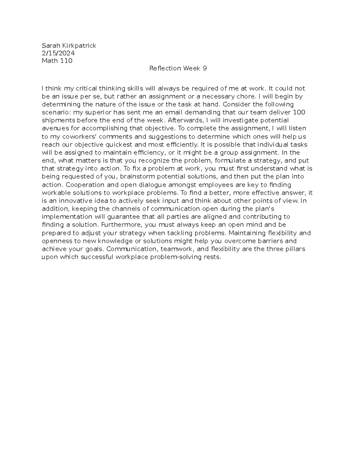 Sarah Kirkpatrick Week 9 Reflection assignment - Sarah Kirkpatrick 2/15 ...