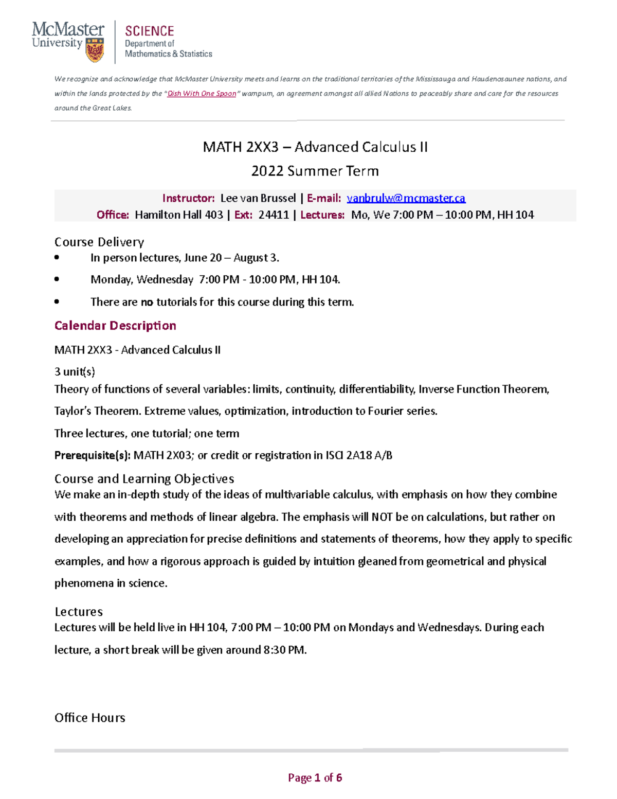 MATH-2XX3-SU - Course Outline - We recognize and acknowledge that McMaster University meets and ...