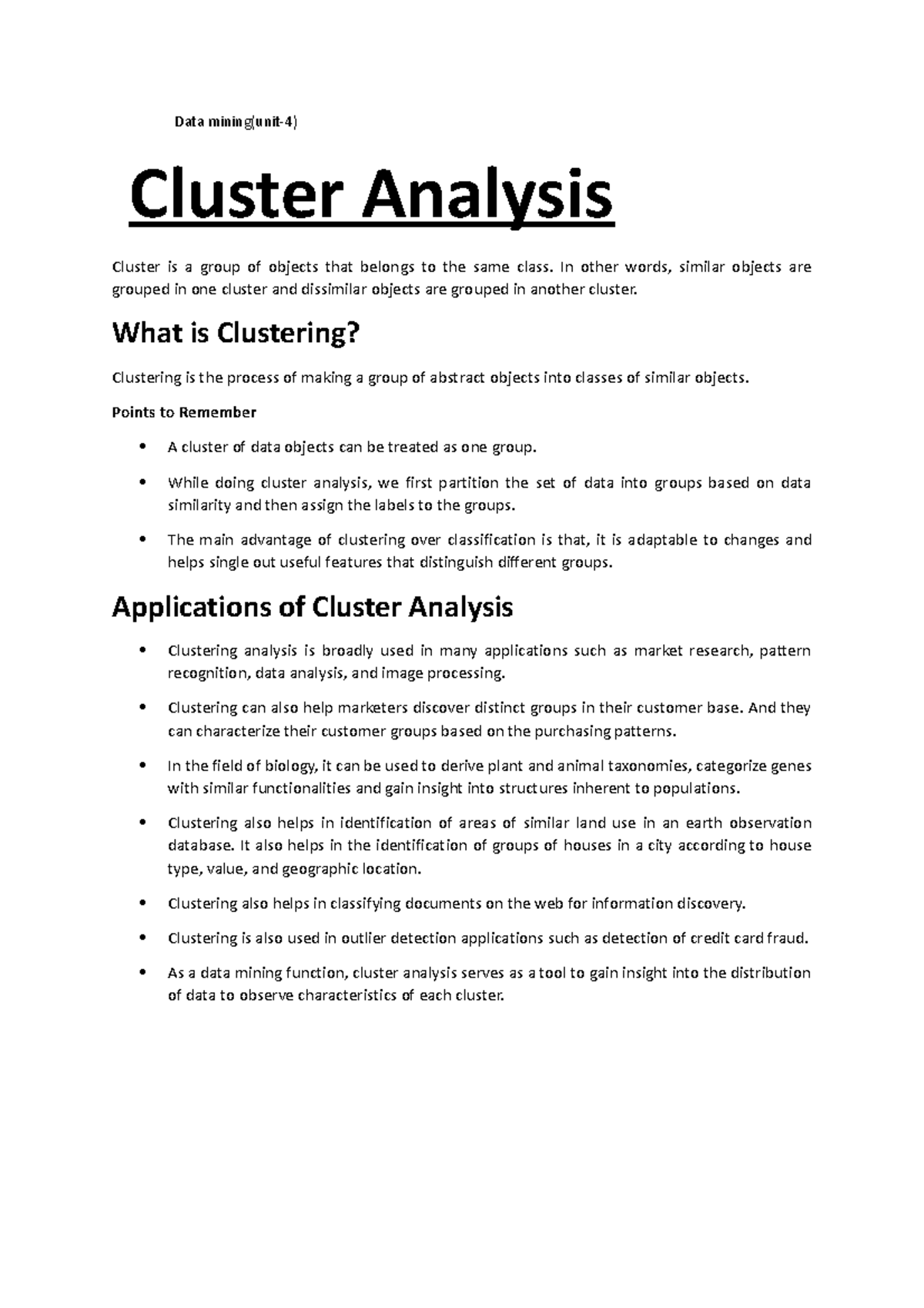 (UNIT-4) DATA Mining Notes - Data mining(unit-4) Cluster Analysis ...