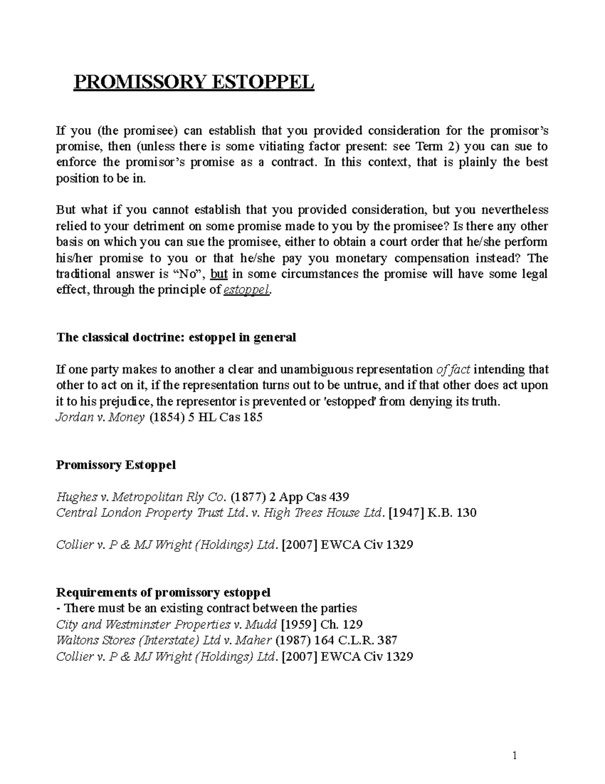 Consideration, Promissory Estoppel - PROMISSORY ESTOPPEL If you (the ...