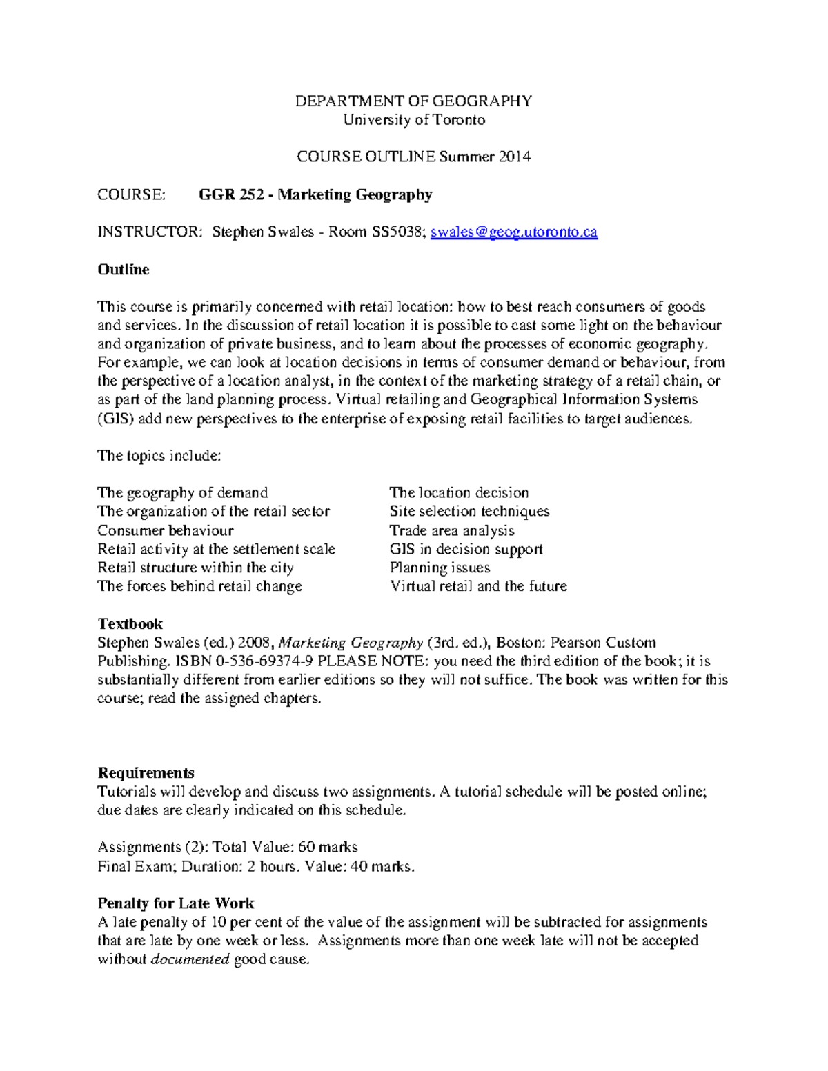GGR252S Summer 2014 Outline - DEPARTMENT OF GEOGRAPHY University of ...