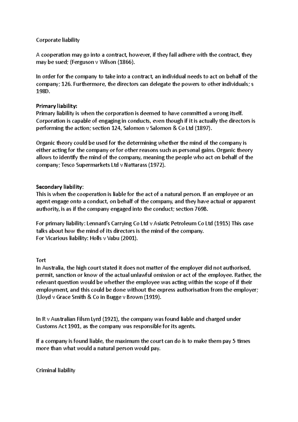 Corporate liability - Lecture notes - Corporate liability A cooperation ...