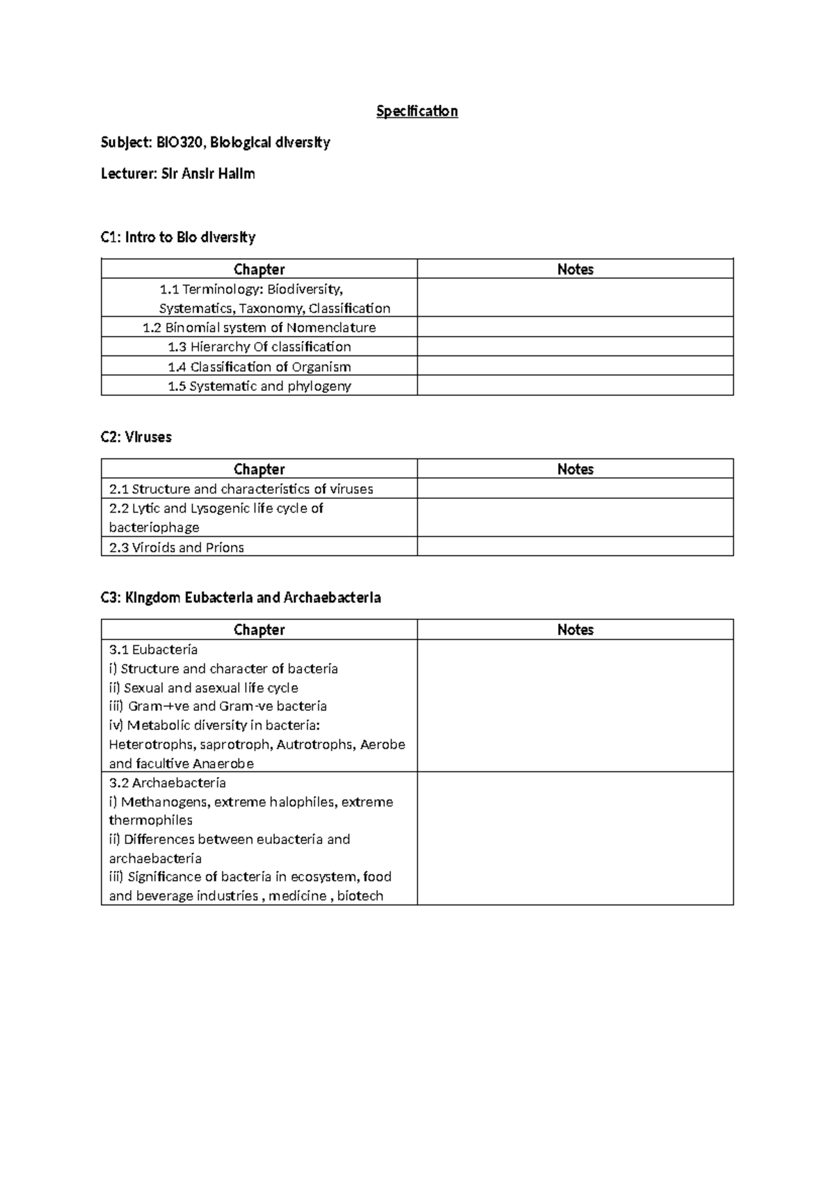 Specification - Specification Subject: BIO320, Biological diversity ...