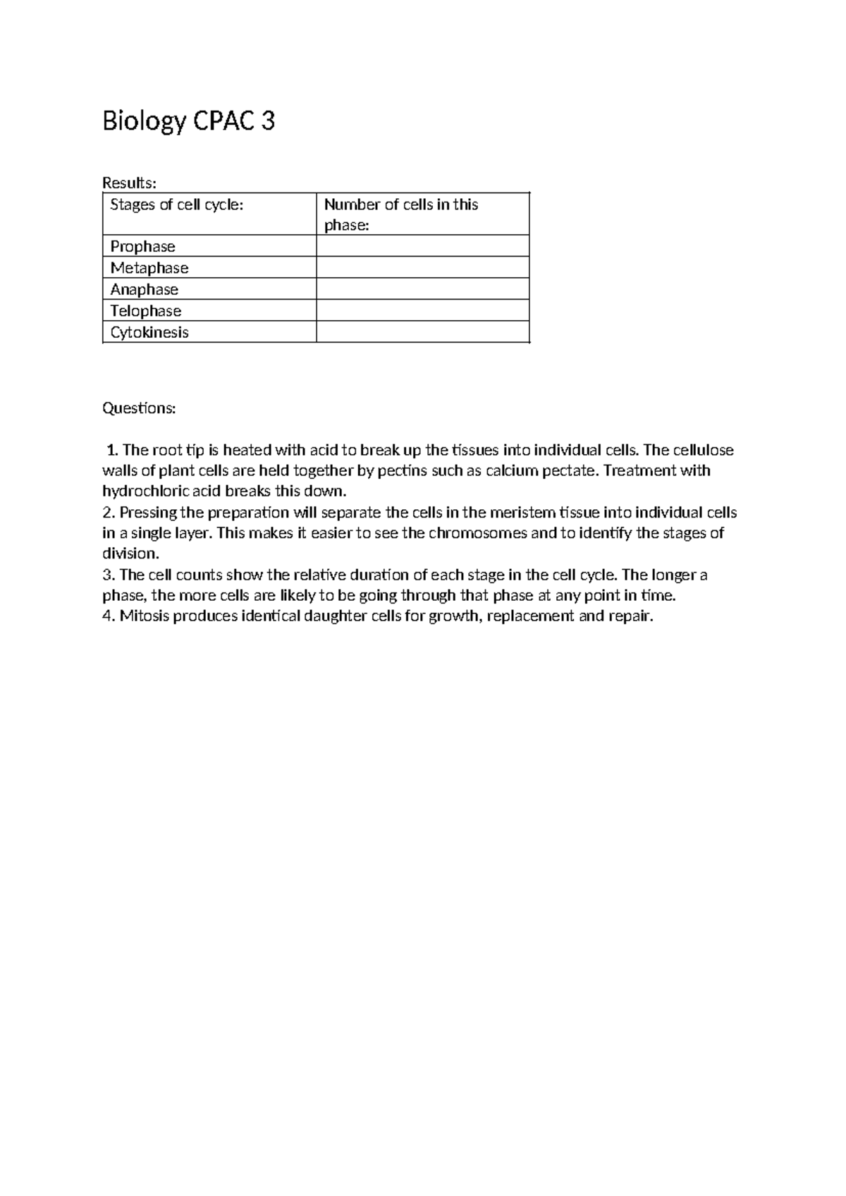 Bio prac 3 - practical work - Biology CPAC 3 Results: Stages of cell ...