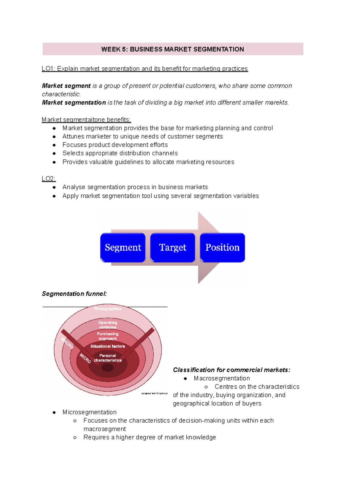 MKTG3001 Notes wk 5 - WEEK 5: BUSINESS MARKET SEGMENTATION LO1: Explain ...