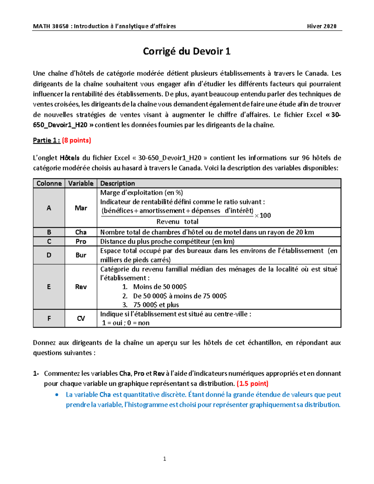 30650 Devoir 1 H20 solution - Corrigé du Devoir 1 Une chaîne d’hôtels de catégorie modérée ...