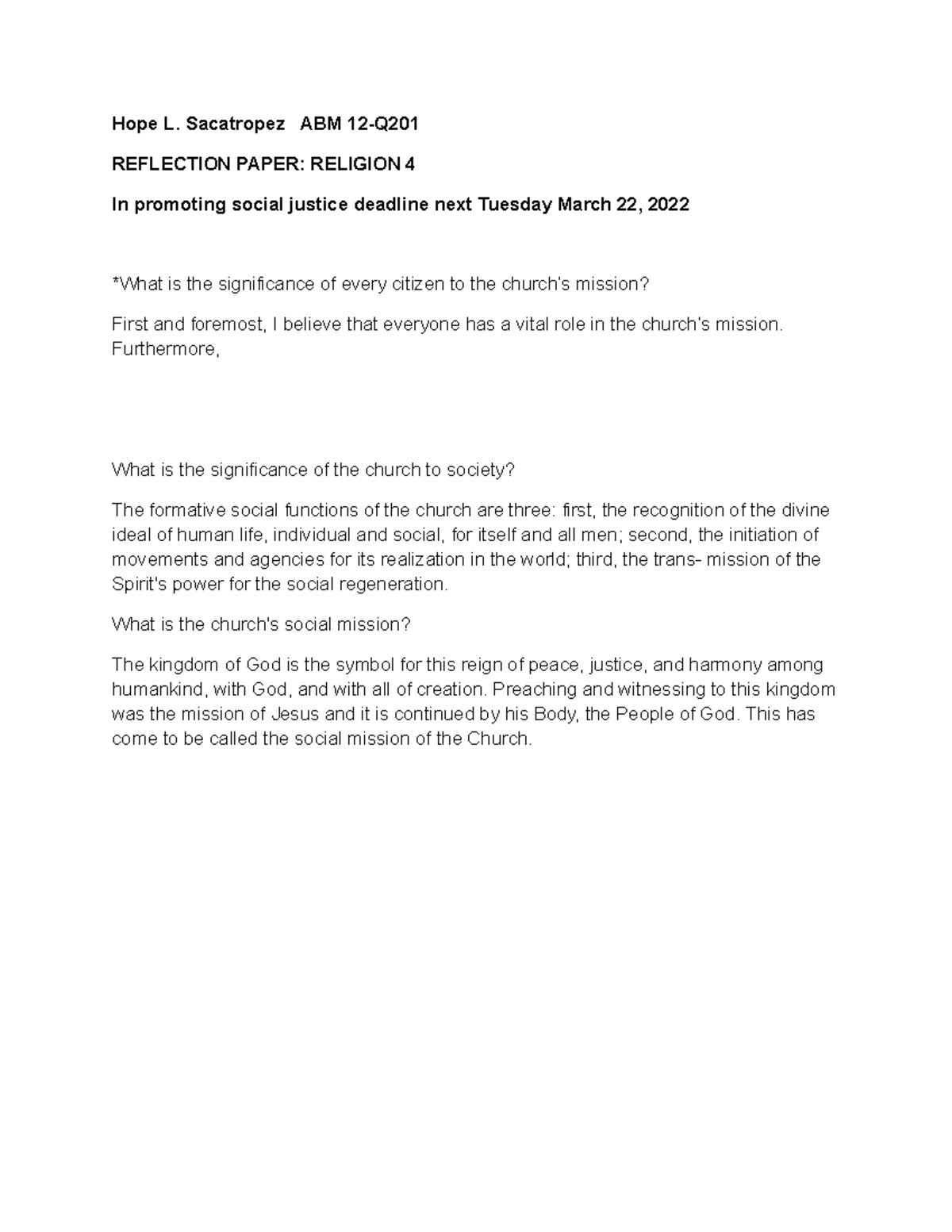 Reflection Paper ACT Output REL 4- Sacatropez-HOPE - Hope L. Sacatropez ...