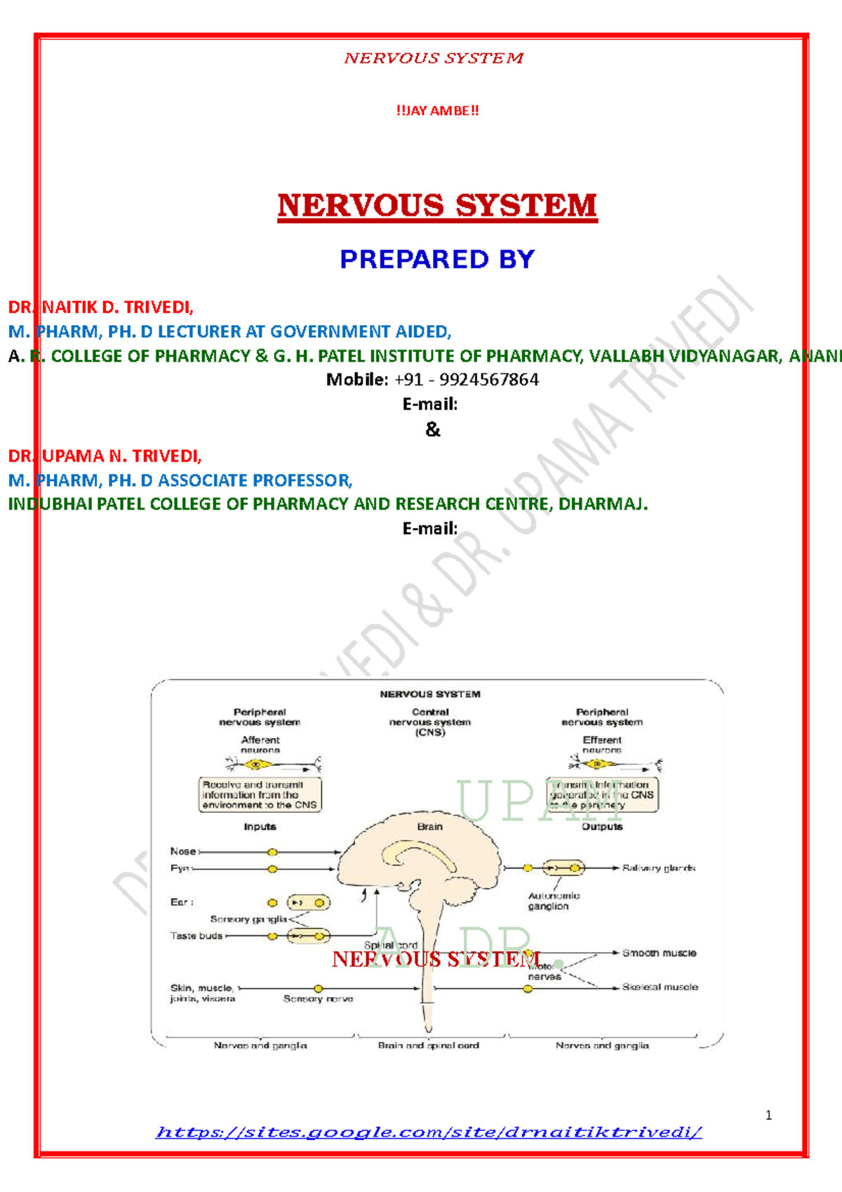 Nervous System LECTURE NOTES - 1 UPAM A DR. h t t p s: / / s i te s. g ...