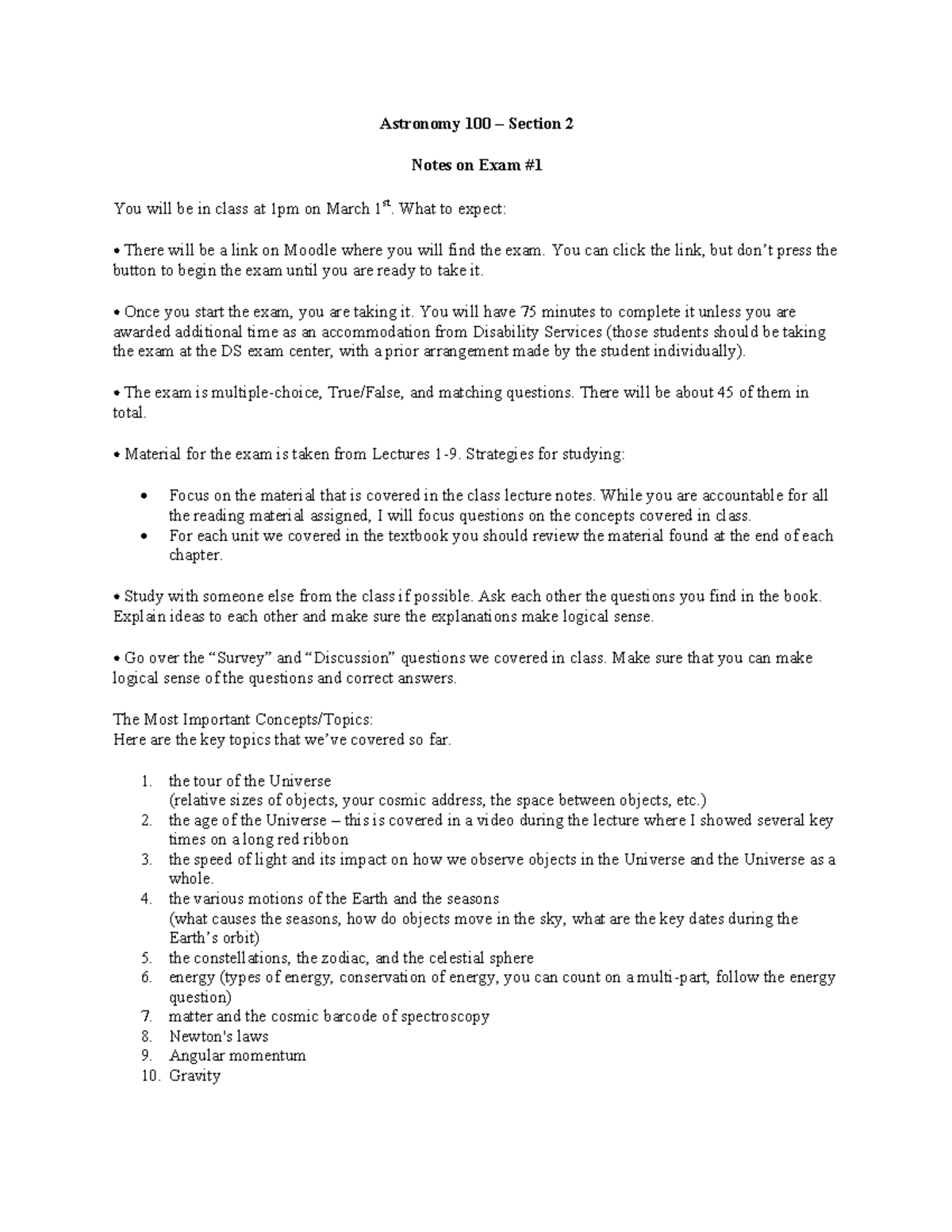 Exam1Study Guide - Astronomy 100 – Section 2 Notes on Exam # You will ...