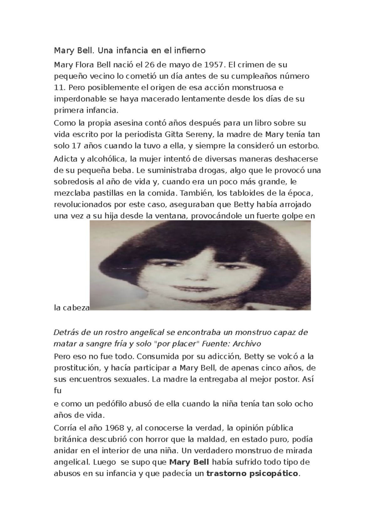 El caso de MARY Bell tarea - Mary Bell. Una infancia en el infierno ...