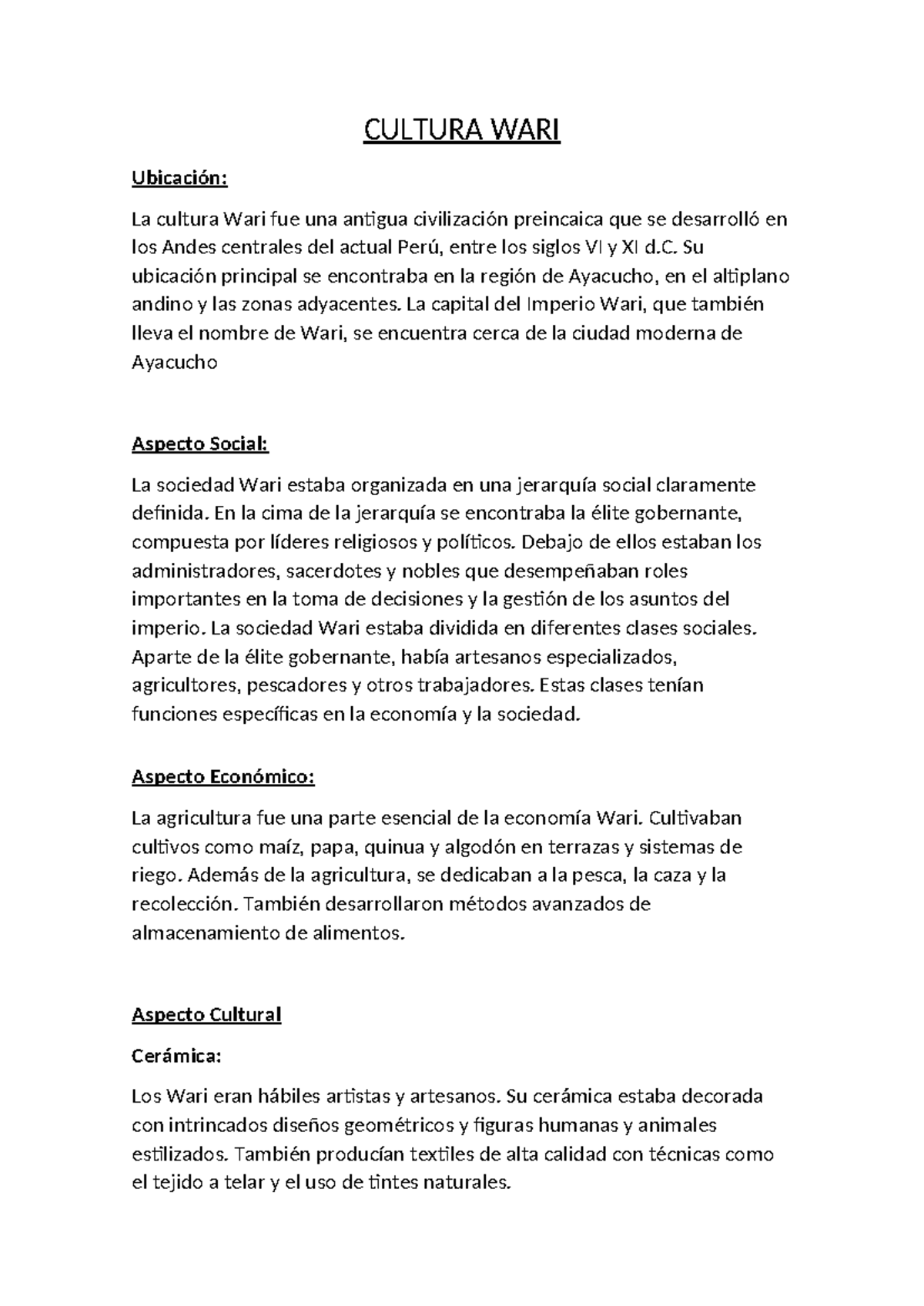 Cultura WARI - .. - CULTURA WARI Ubicación: La cultura Wari fue una ...