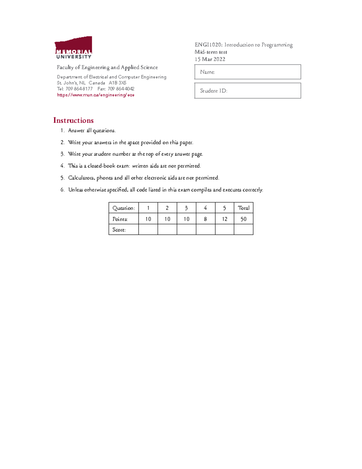 1020 M2 2021 22W - Faculty of Engineering and Applied Science ...