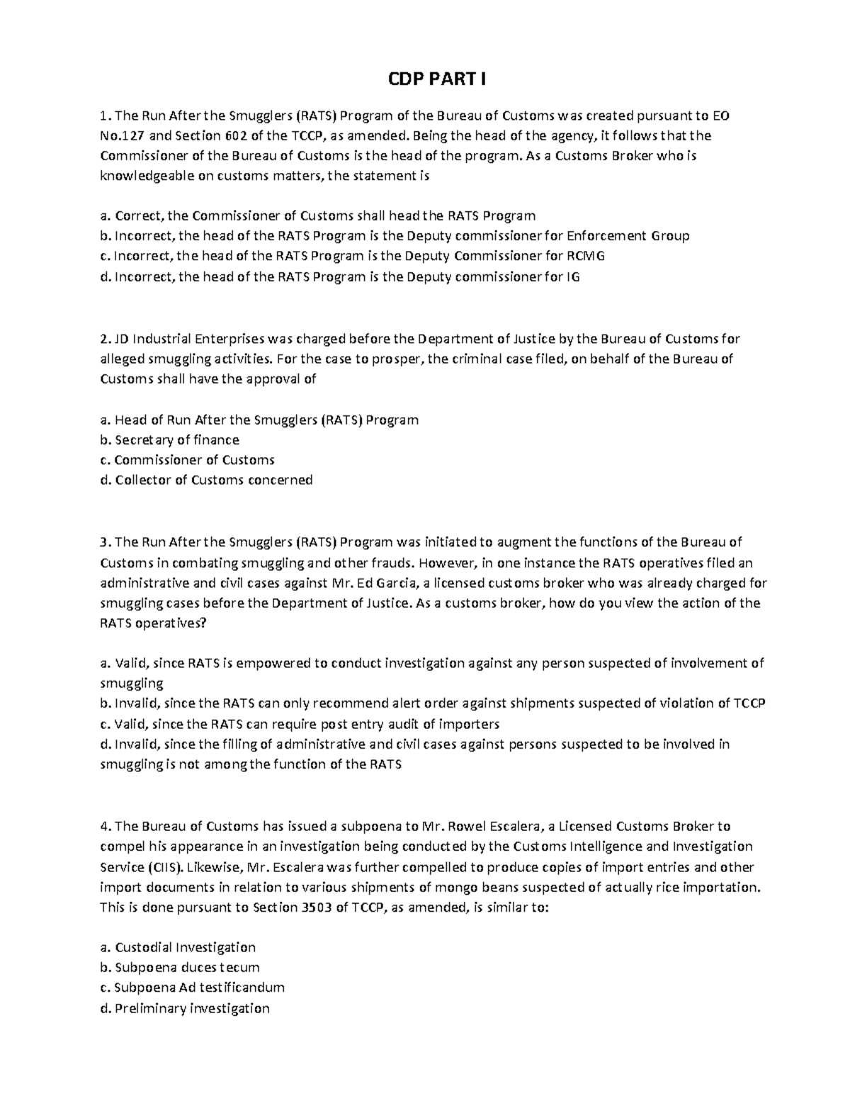 CDP PART I - some cdp questionnaire - CDP PART I The Run After the ...