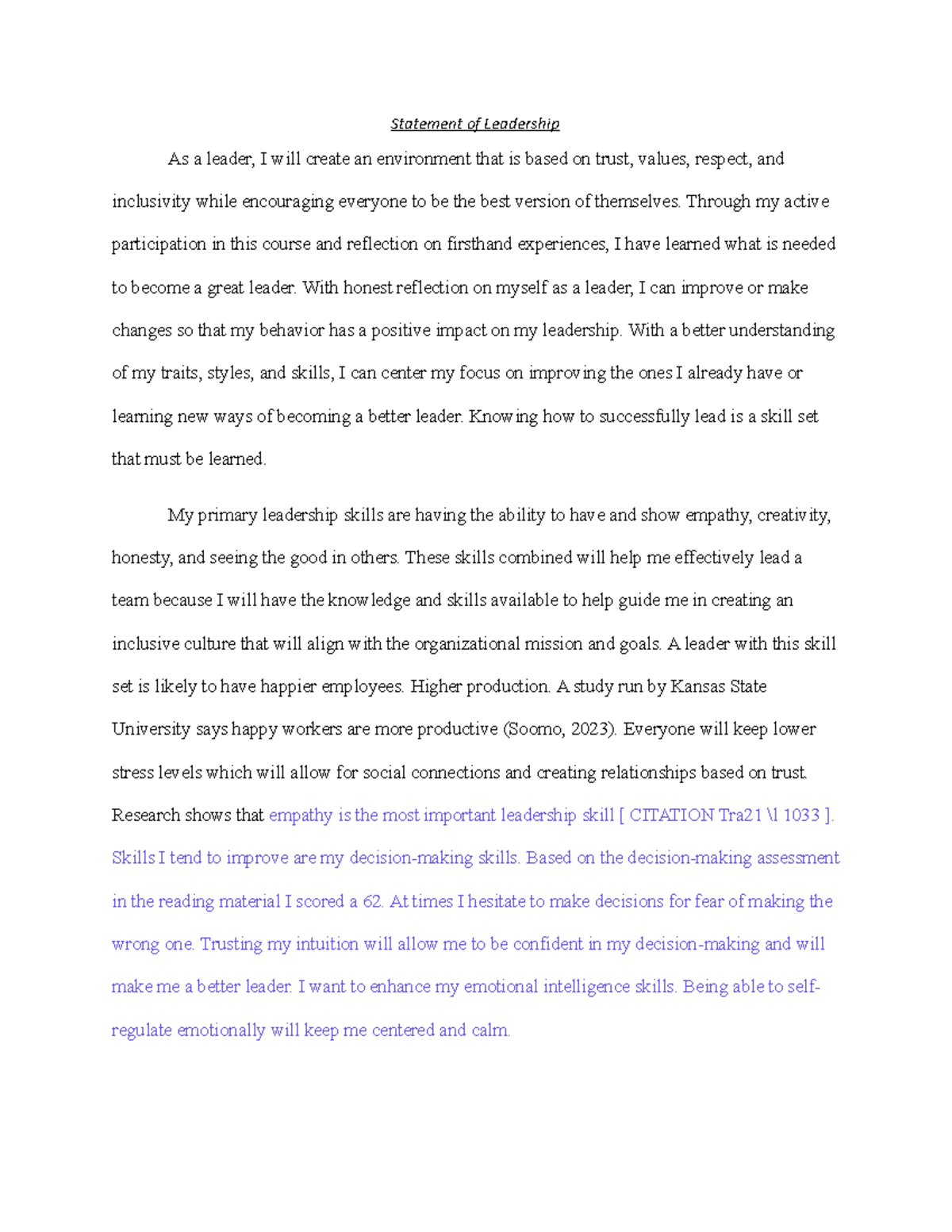 Statement of leadership - Statement of Leadership As a leader, I will ...